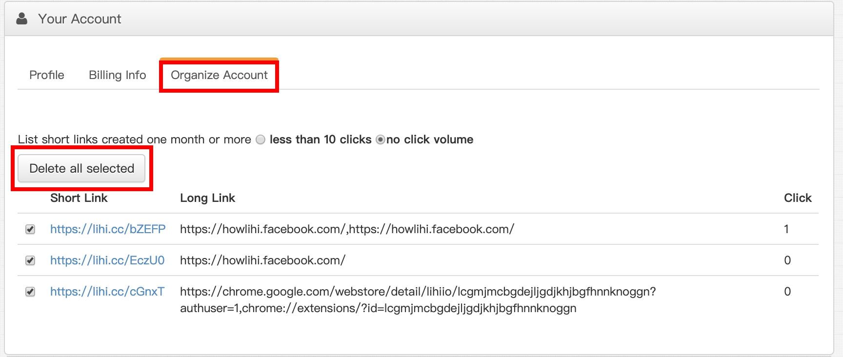 HOW DO I DELETE SHORT URLS THAT ARE NOT GETTING TRAFFIC Lihi io